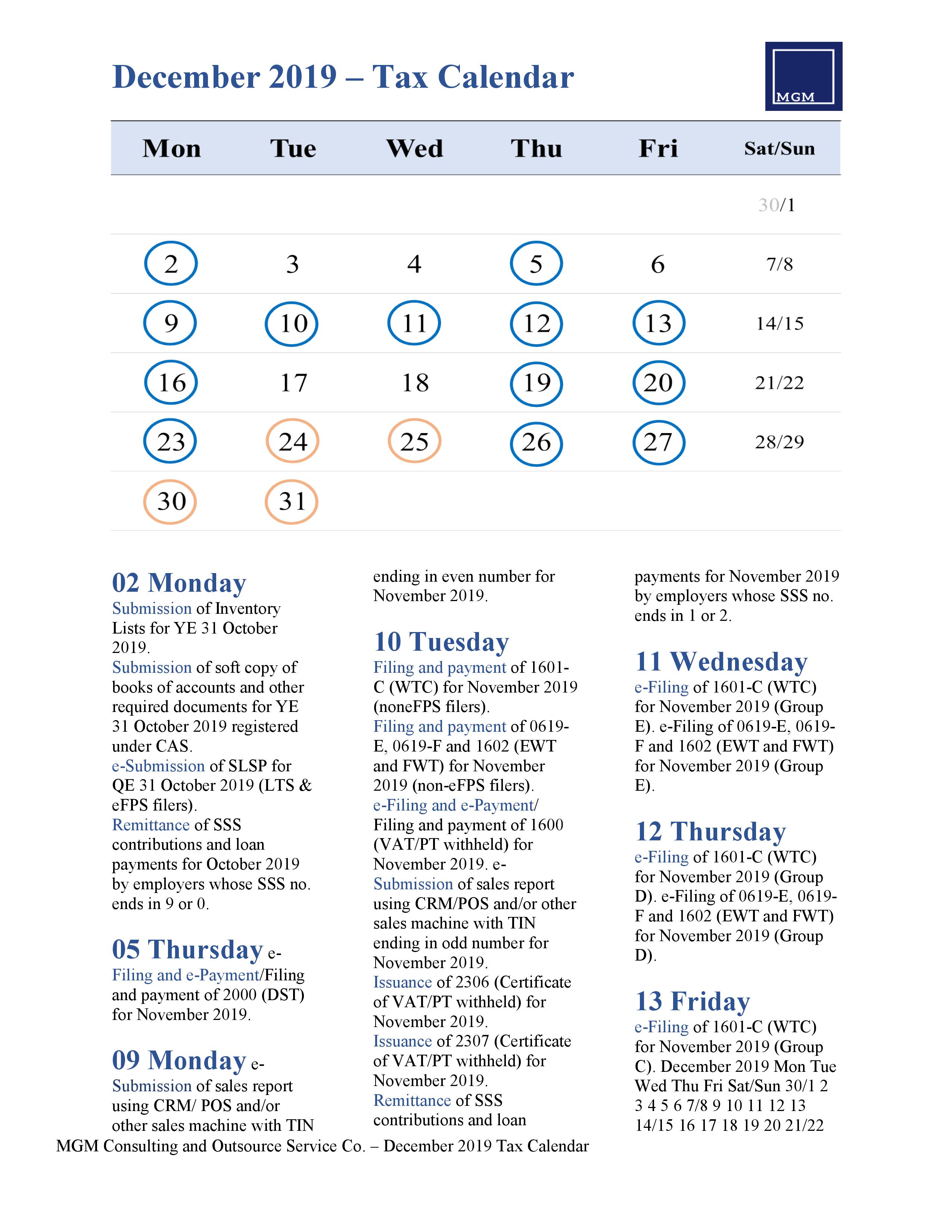 December 2019 - Tax Calendar